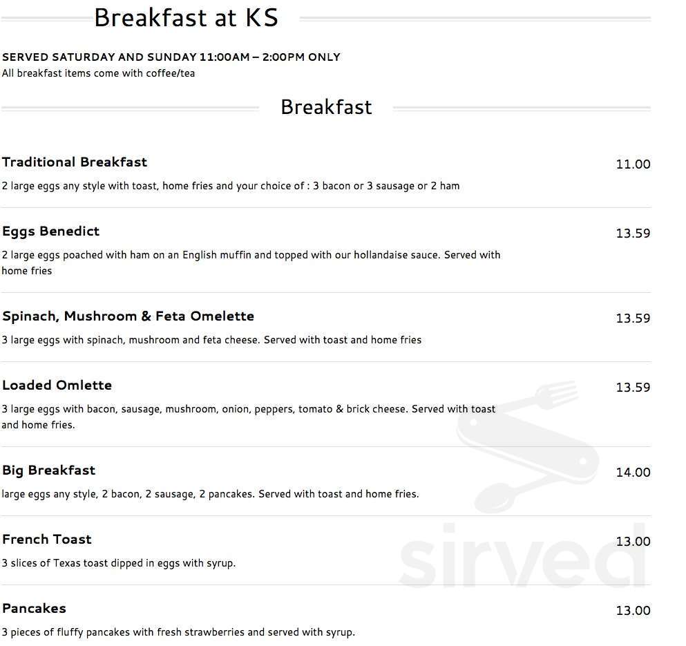 KS on the Keys Restaurant menu in Ottawa, Ontario, Canada