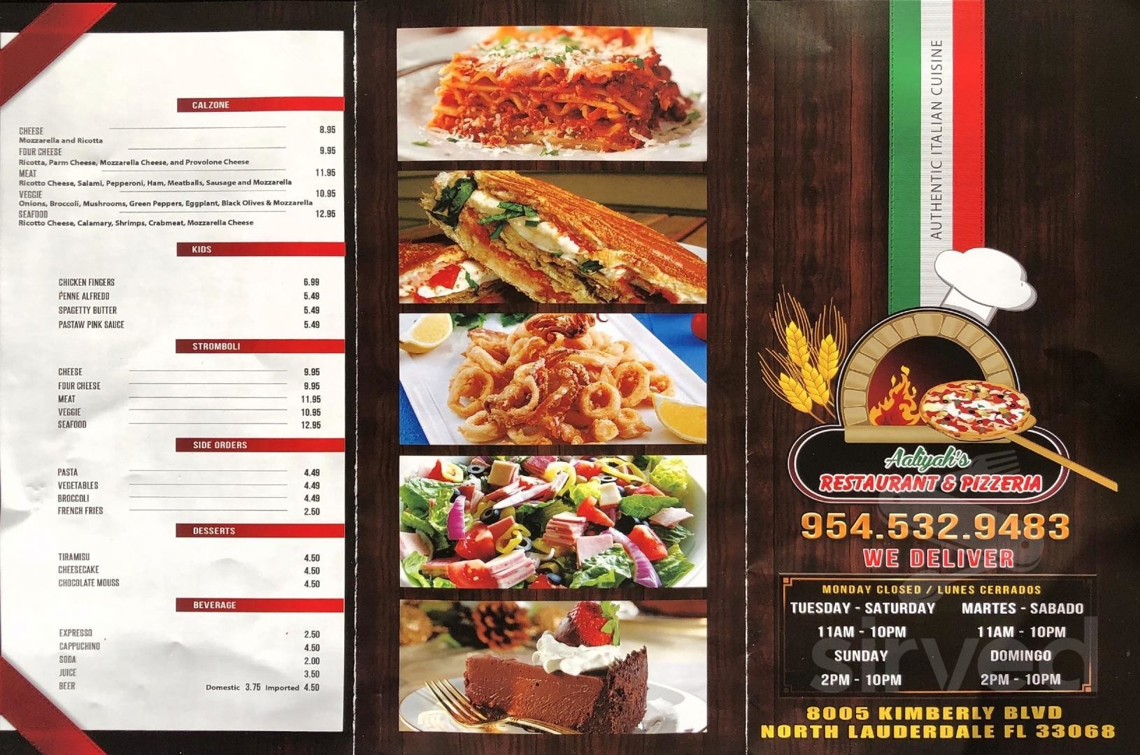 Aaliyah's Restaurant & Pizzeria menu in North Lauderdale, Florida, USA