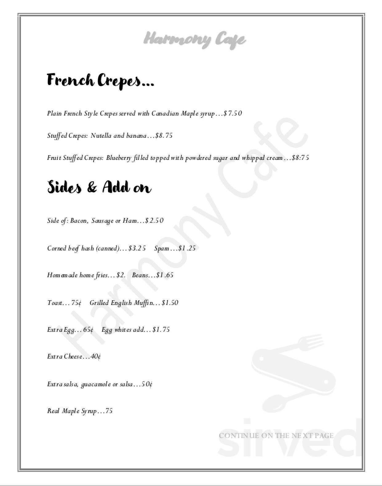Menu for The Harmony Cafe in Manville, RI | Sirved