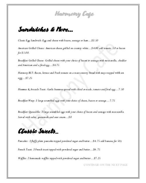 The Harmony Cafe menu in Manville, Rhode Island, USA