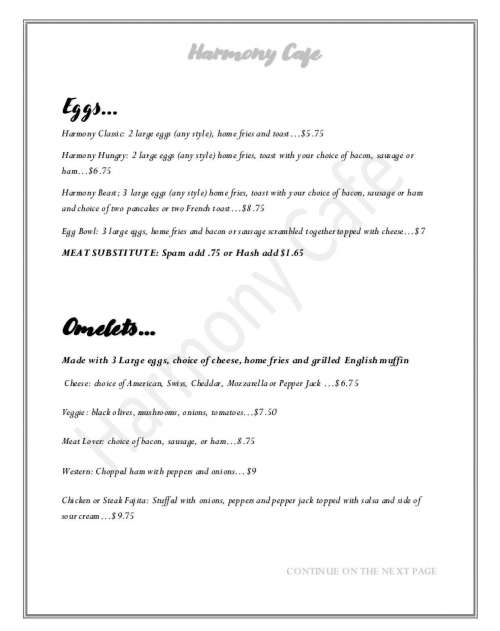 The Harmony Cafe menu in Manville, Rhode Island, USA