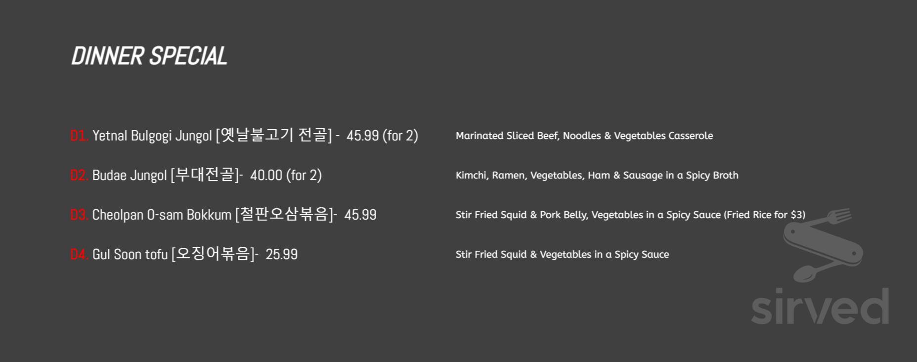 DAWA Korean Restaurant menu in West Haven, Connecticut, USA