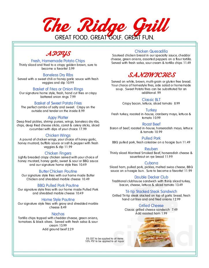 The Ridge Grill menu in Mission, British Columbia, Canada