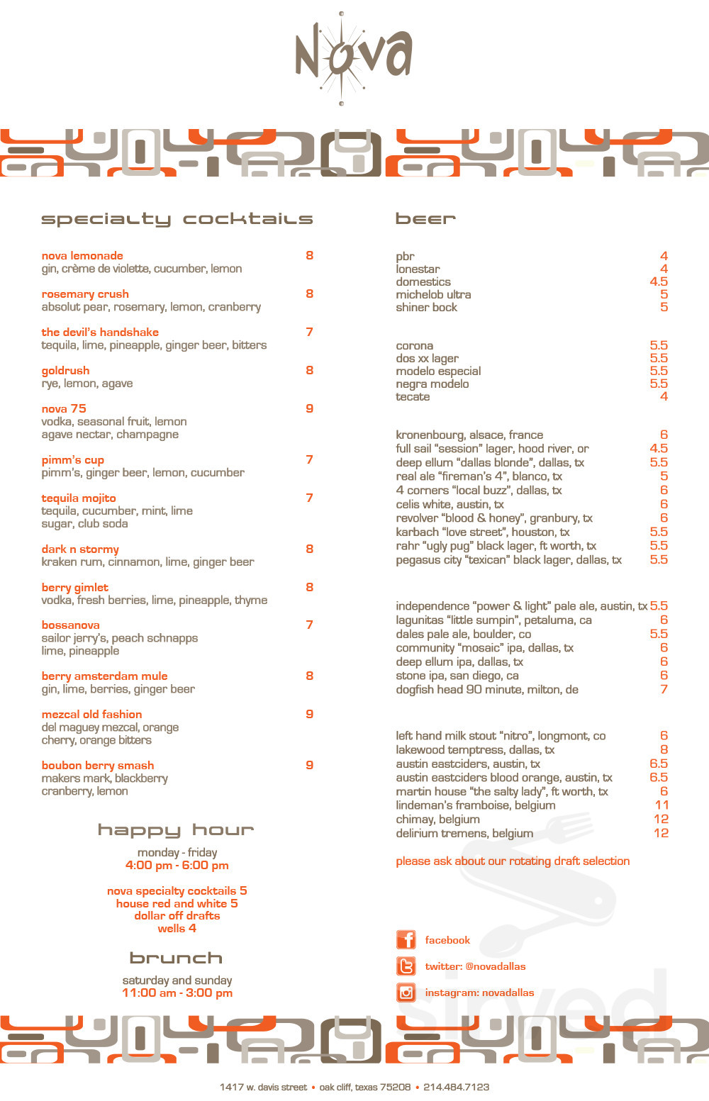 Nova menu in Dallas, Texas, USA