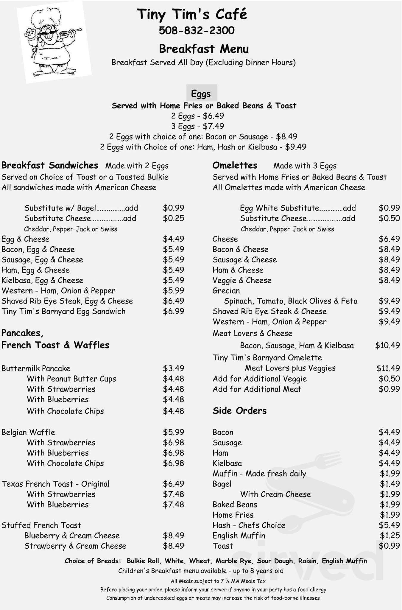 Menu for Tiny Tims Cafe in Auburn, MA | Sirved