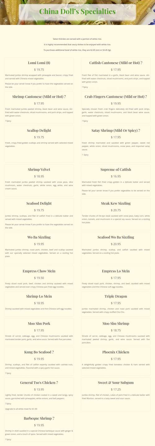 China Doll menu in Harvey, Louisiana, USA