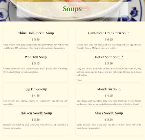 China Doll menu in Harvey, Louisiana, USA