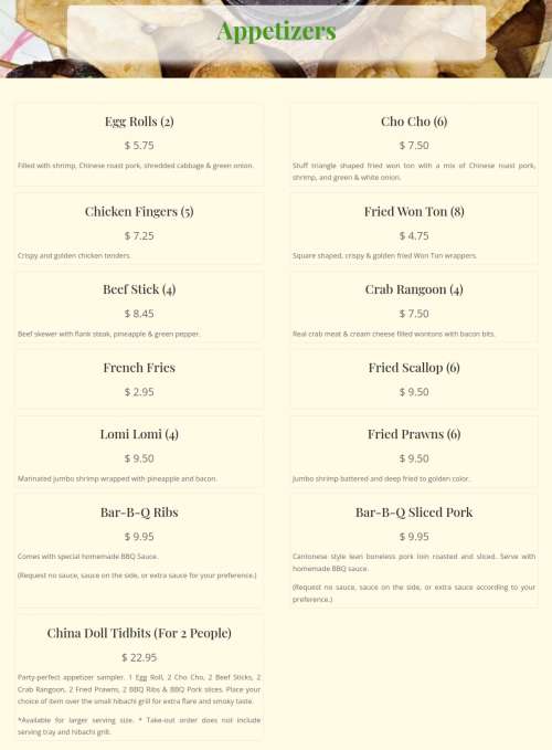 China Doll menu in Harvey, Louisiana, USA