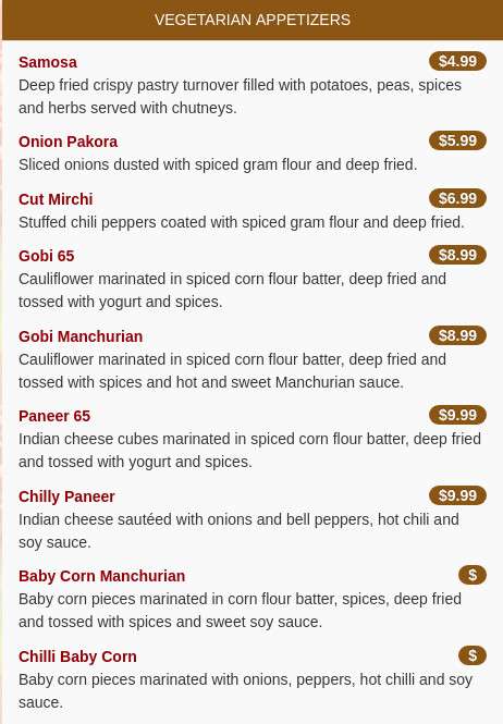 PERSIS BIRYANI INDIAN GRILL menu in Omaha, Nebraska, USA