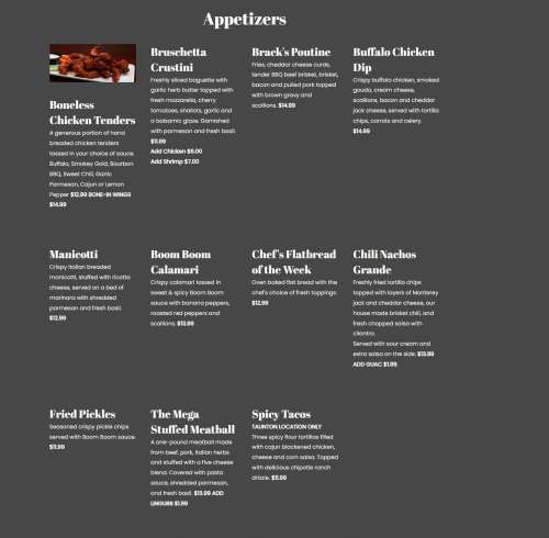 Brack's Grille & Tap menu in Taunton, Massachusetts, USA