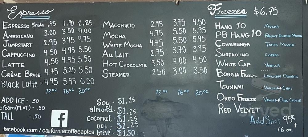 California Coffee menu in Aptos, California, USA