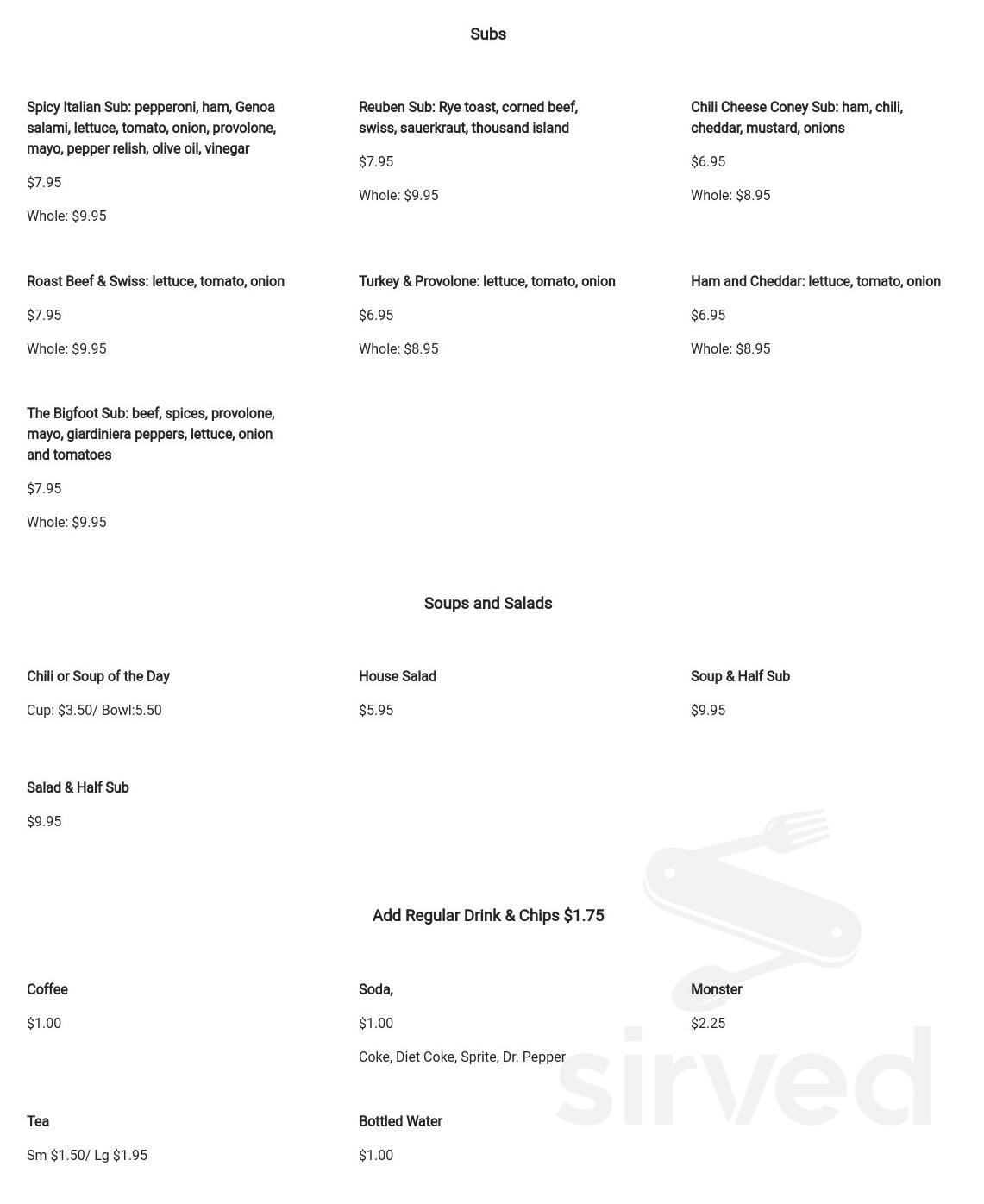 Bigfoot Subs menus in Springfield, Missouri, United States