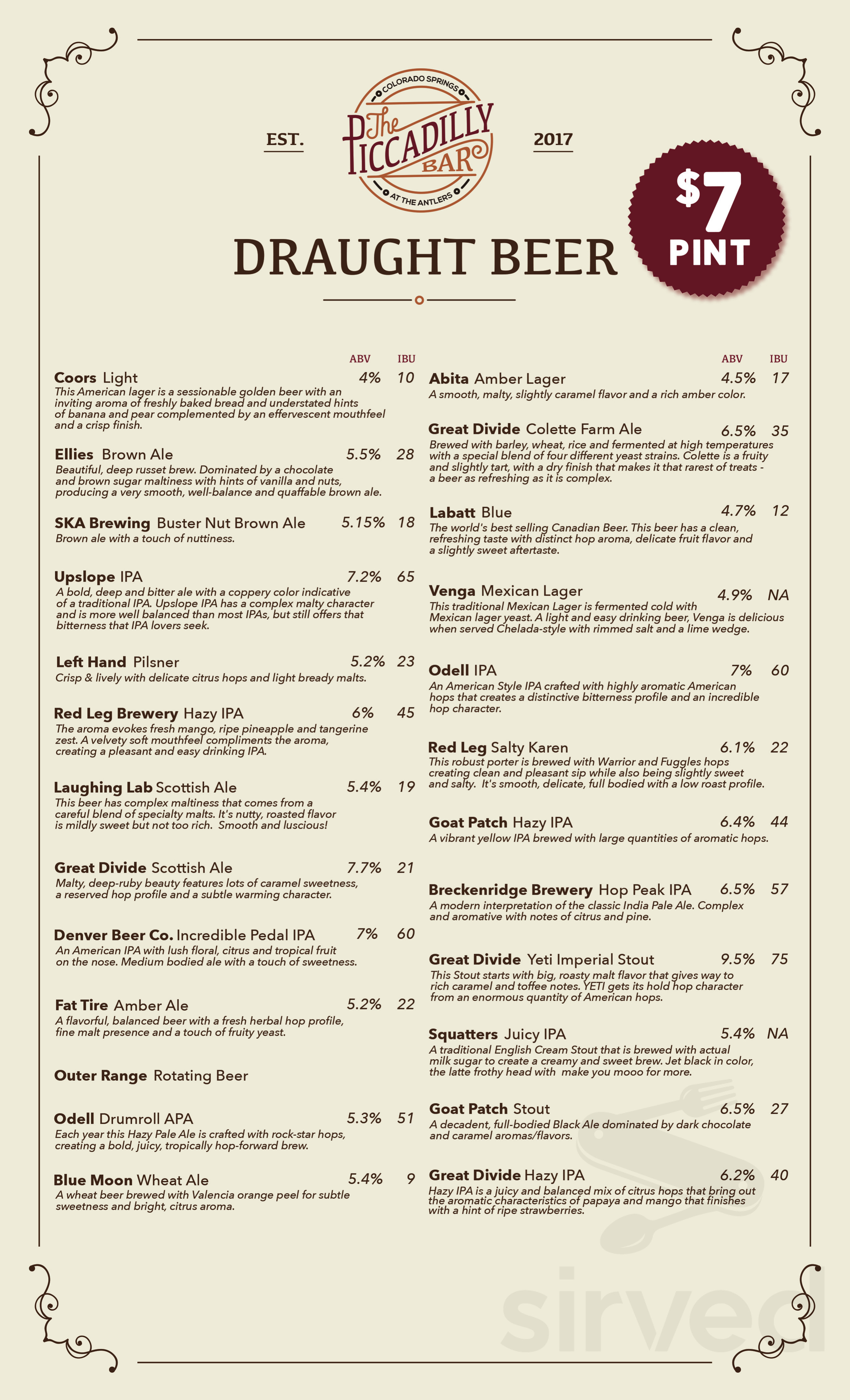 Piccadilly Bar menu in Colorado Springs, Colorado, USA