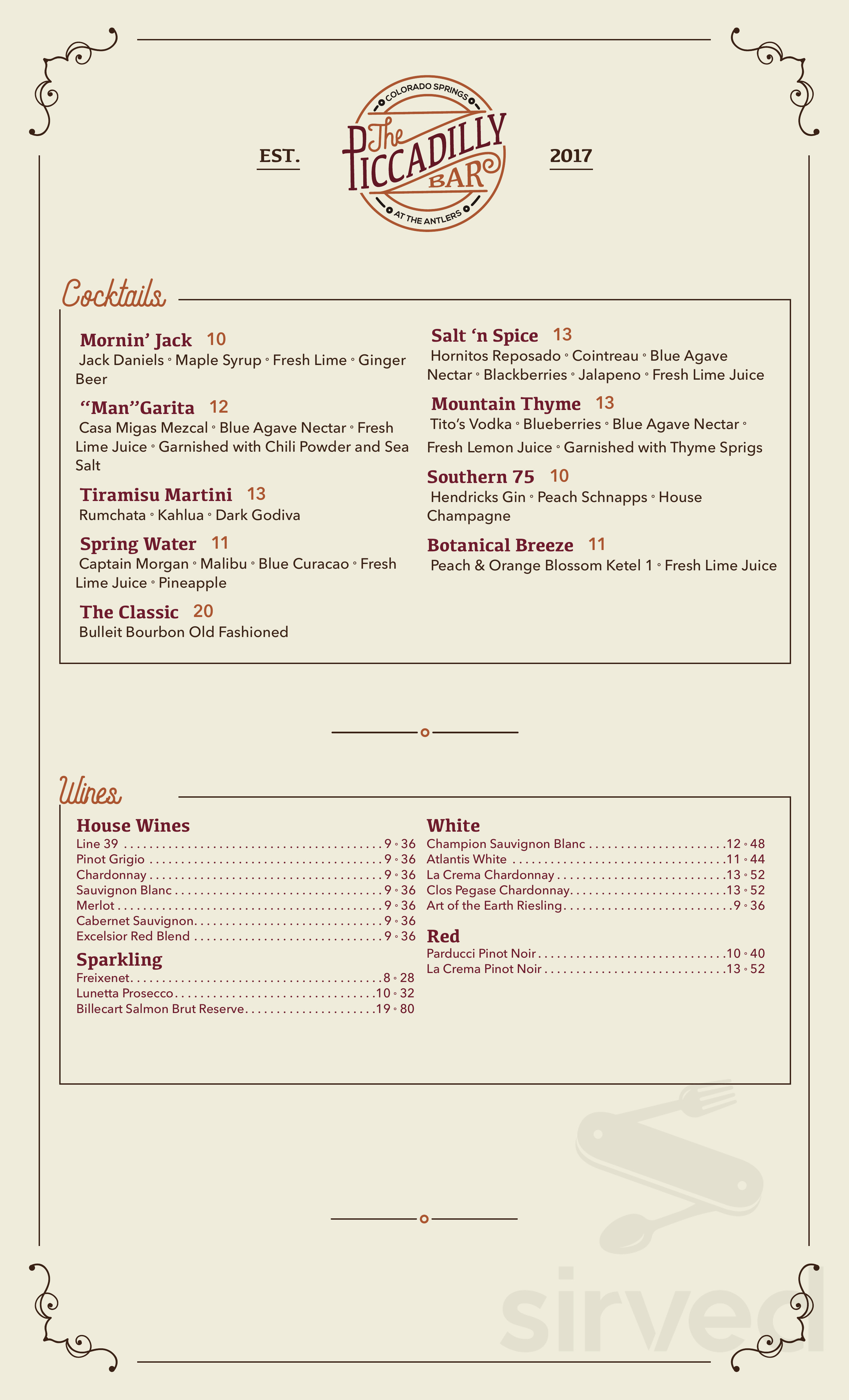 Piccadilly Bar menu in Colorado Springs, Colorado, USA