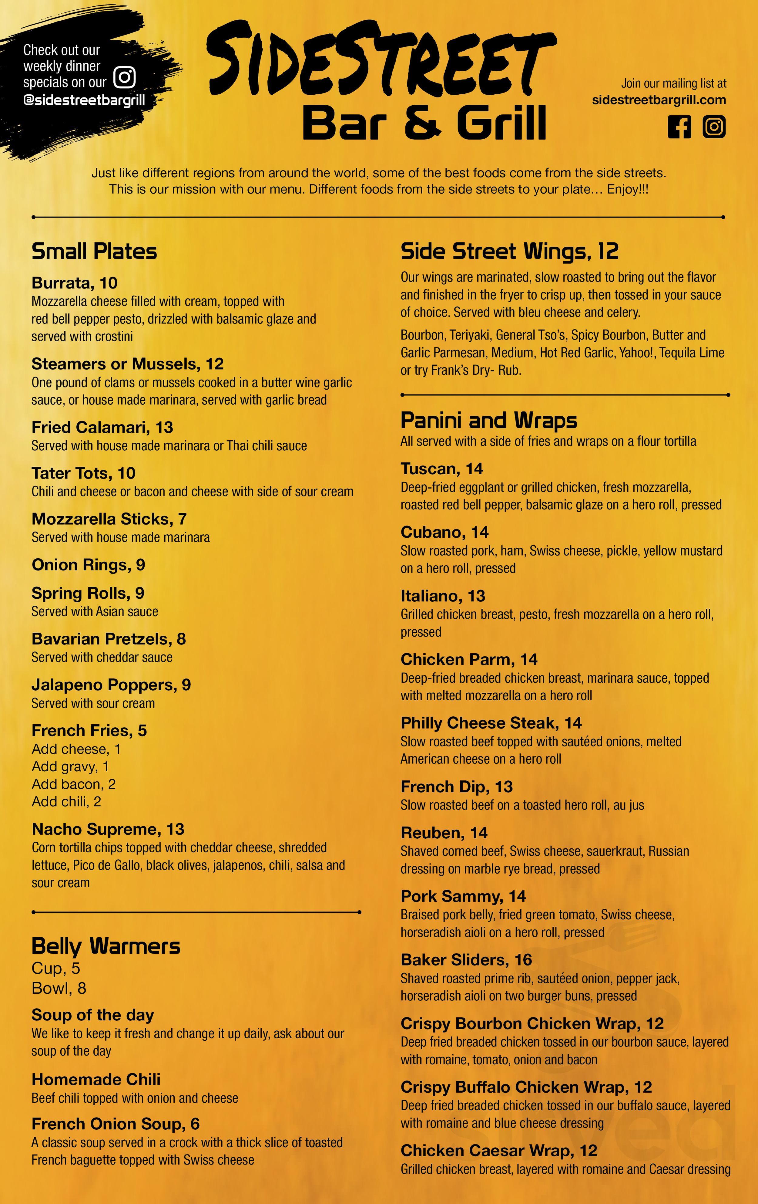 SideStreet Bar & Grill menu in Dingmans Ferry, Pennsylvania, USA