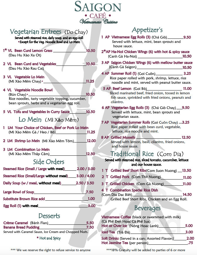 Saigon Cafe menu in Colorado Springs, Colorado, USA