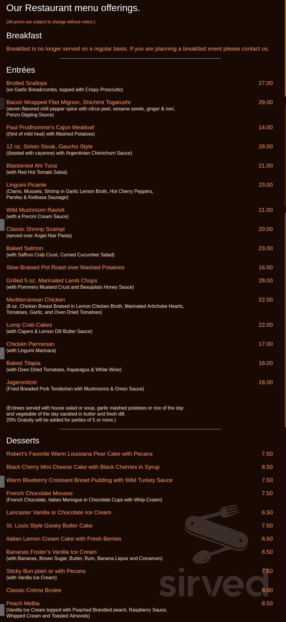 Menu - Northampton PA's The Weaversville Inn | Sirved