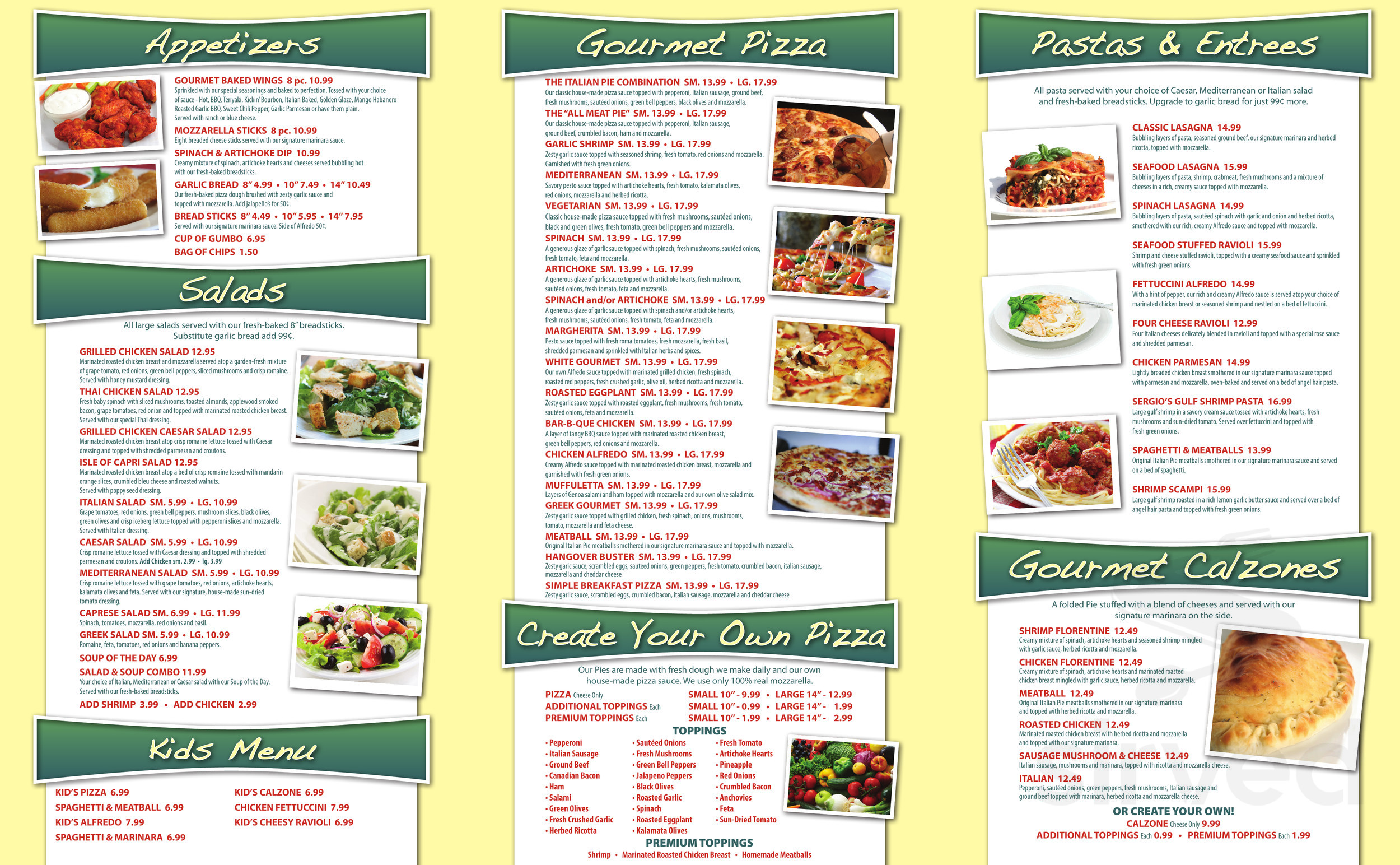 The Original Italian Pie menu in New Orleans, Louisiana, USA