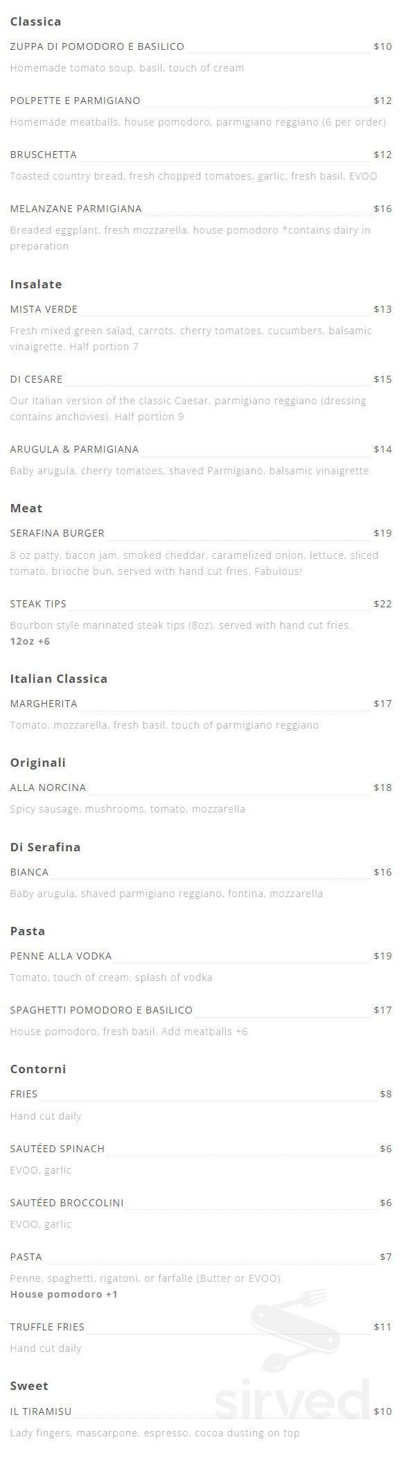 Menu - Boston MA's Serafina Back Bay | Sirved