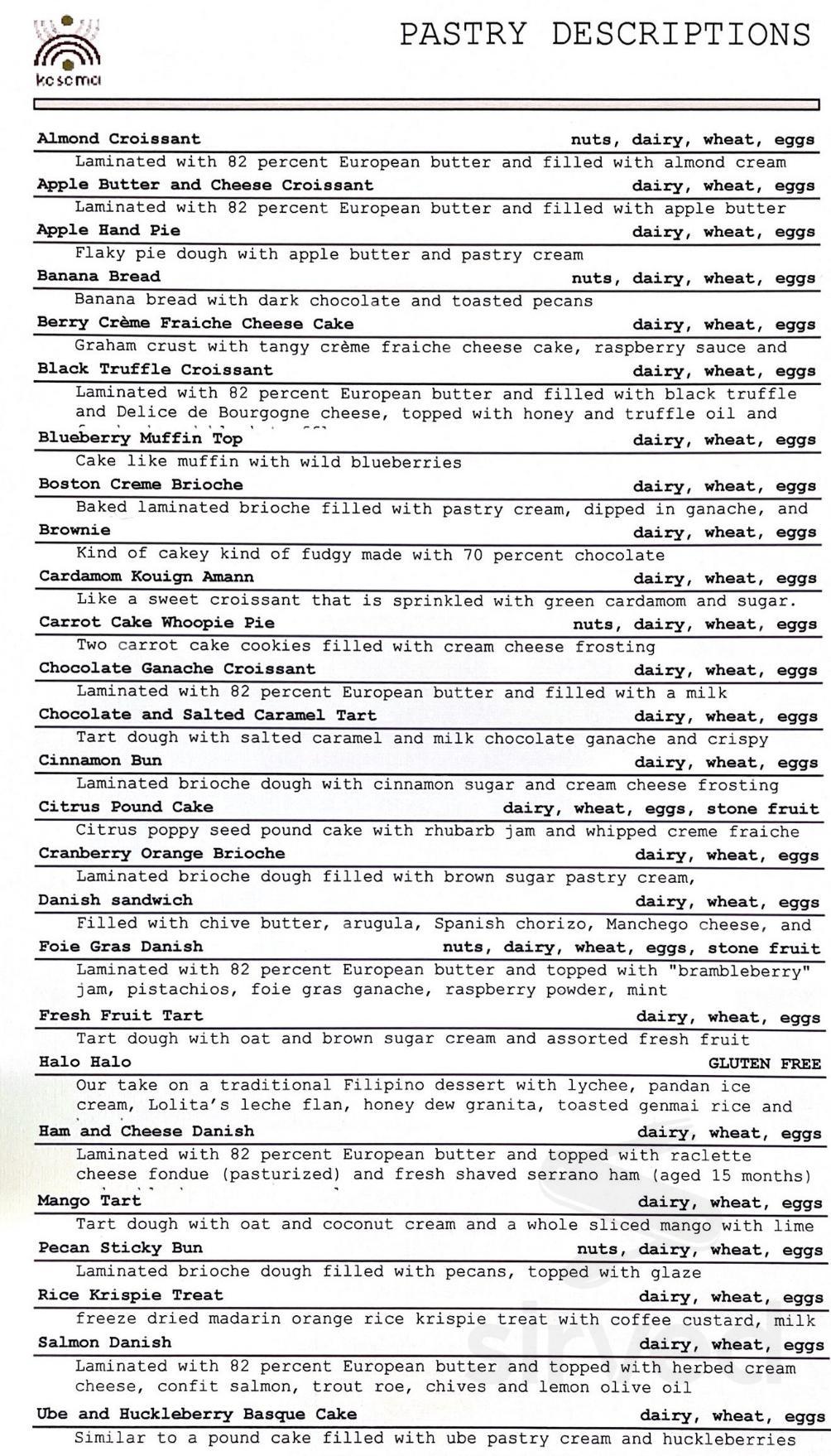 Kasama menu in Chicago, Illinois, USA