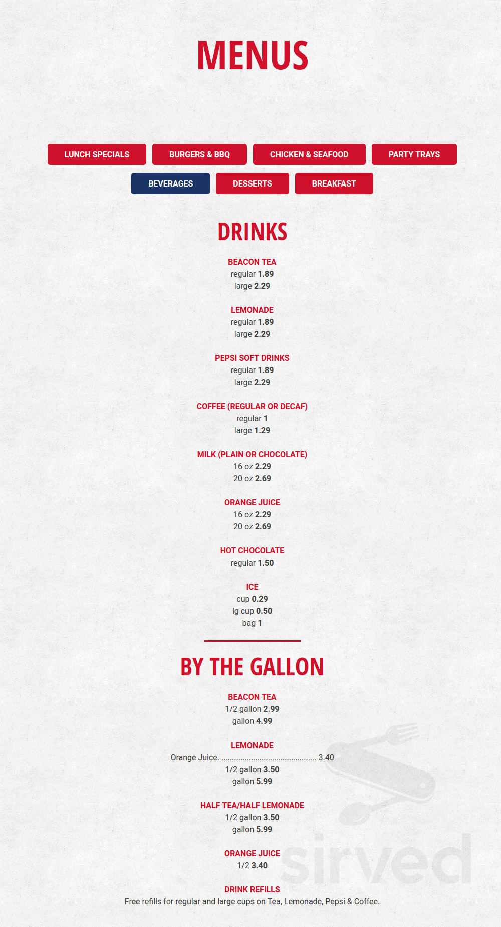 Menu for The Beacon Drive-in in Spartanburg, SC | Sirved