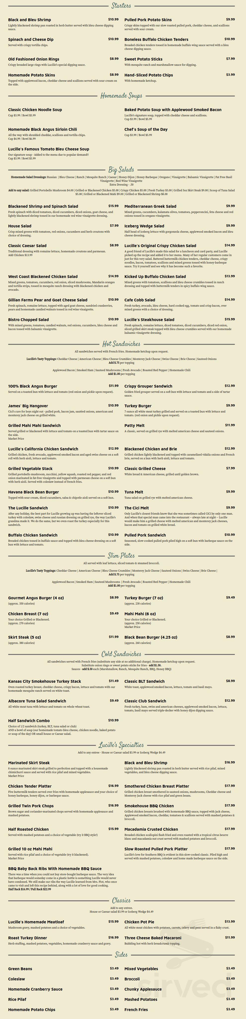 Menu for Lucille's American Cafe in Winter Haven, FL | Sirved