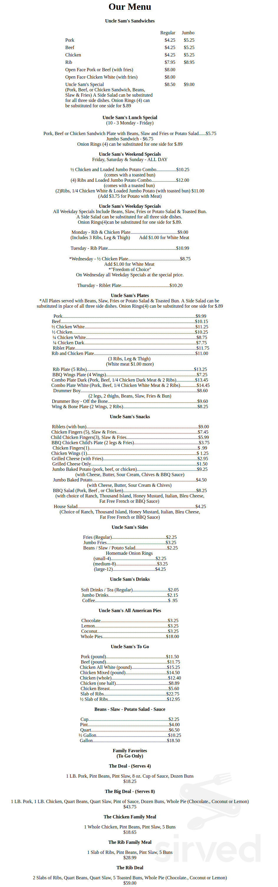Menu for Uncle Sams Bbq in Hueytown, AL | Sirved