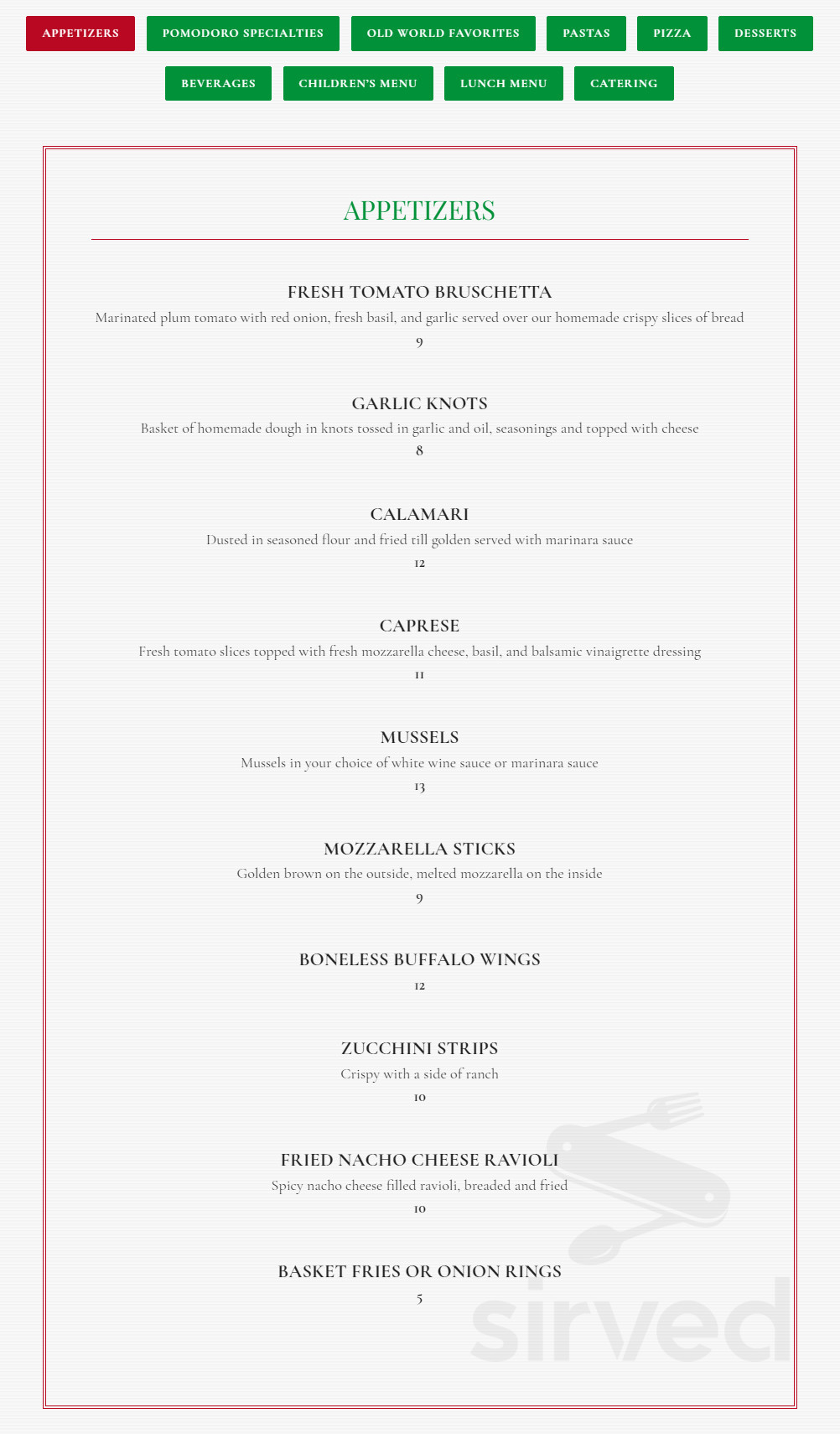 Pomodoro Italian Kitchen menu in Durham, North Carolina, USA