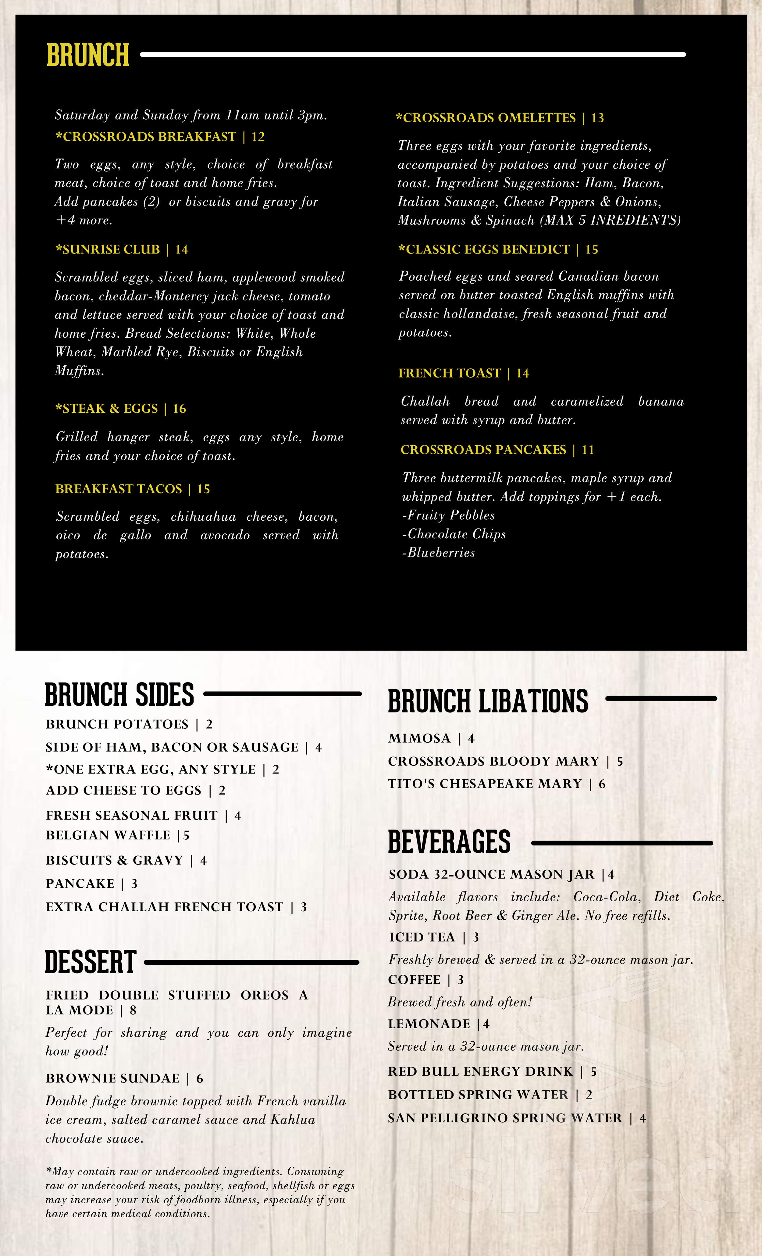 Crossroads menu in Chantilly, Virginia, USA