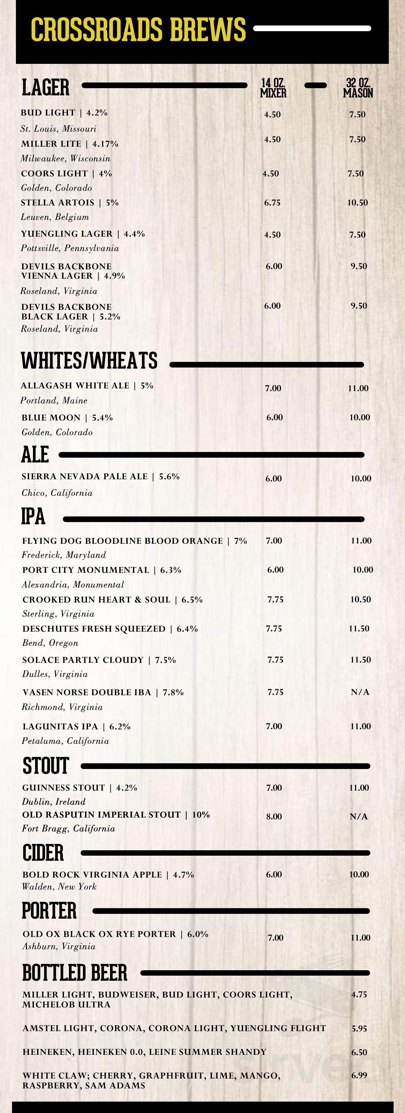 Menu - Chantilly VA's Crossroads | Sirved