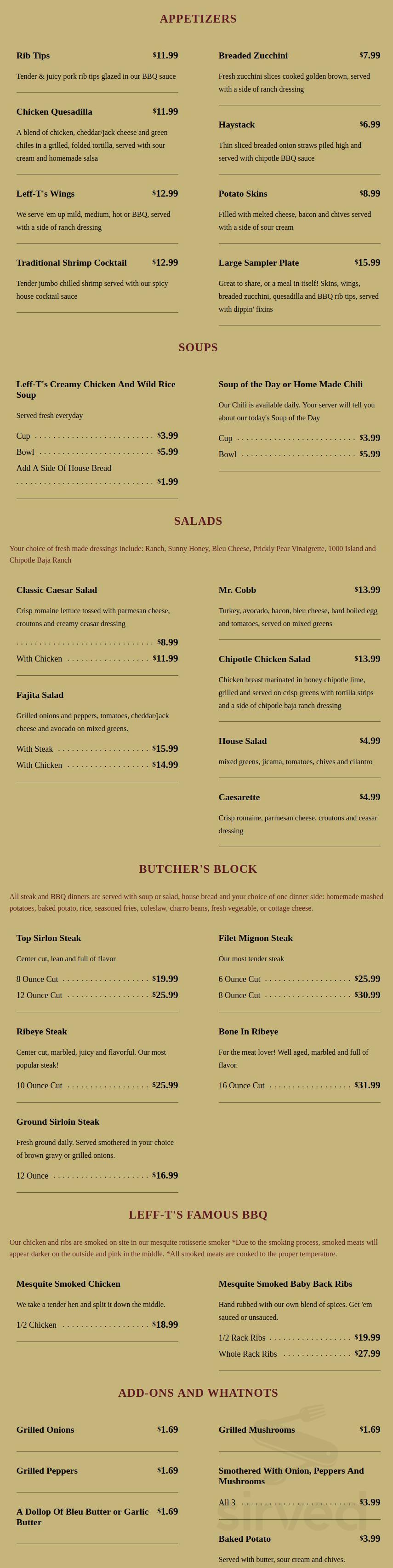 Menu - Dewey-Humboldt AZ's Leff-T's Steak House & Grill | Sirved