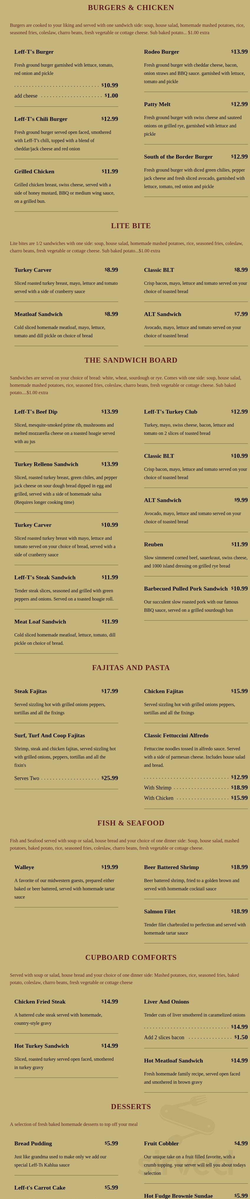 Menu - Dewey-Humboldt AZ's Leff-T's Steak House & Grill | Sirved