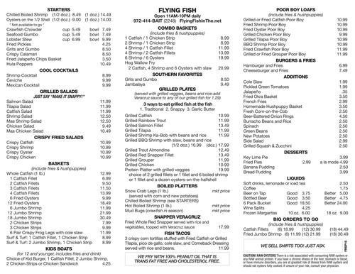 Flying Fish menu in Coppell, Texas, USA