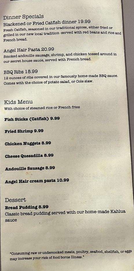 Gumbo House menu in Anchorage, Alaska, USA