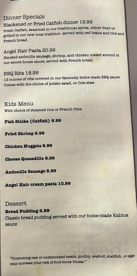 Gumbo House menu in Anchorage, Alaska, USA