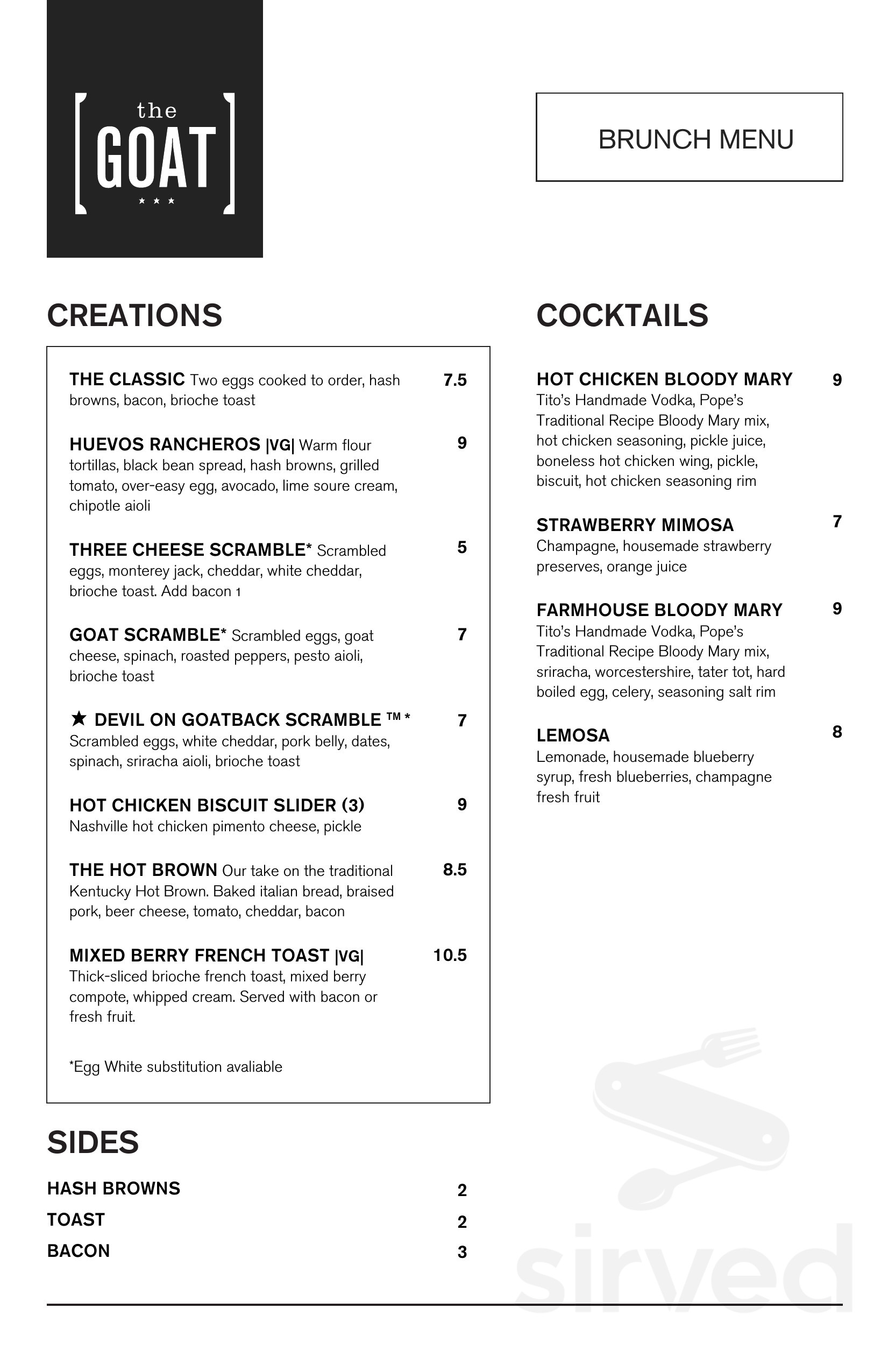 Menu for The Goat Middletown in Louisville, KY | Sirved
