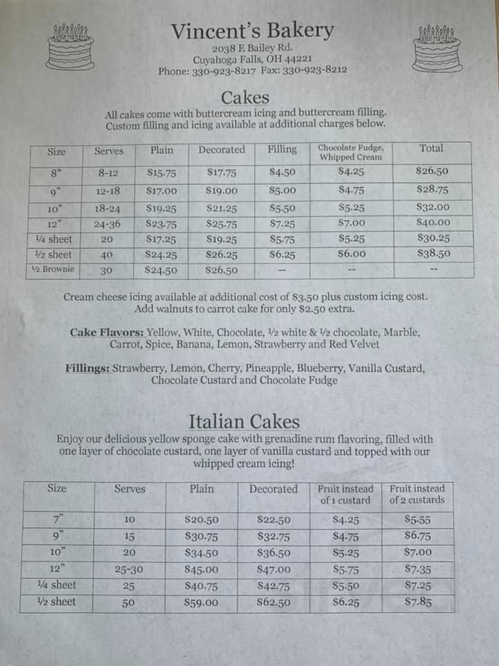 Vincent's Bakery menu in Cuyahoga Falls, Ohio, USA