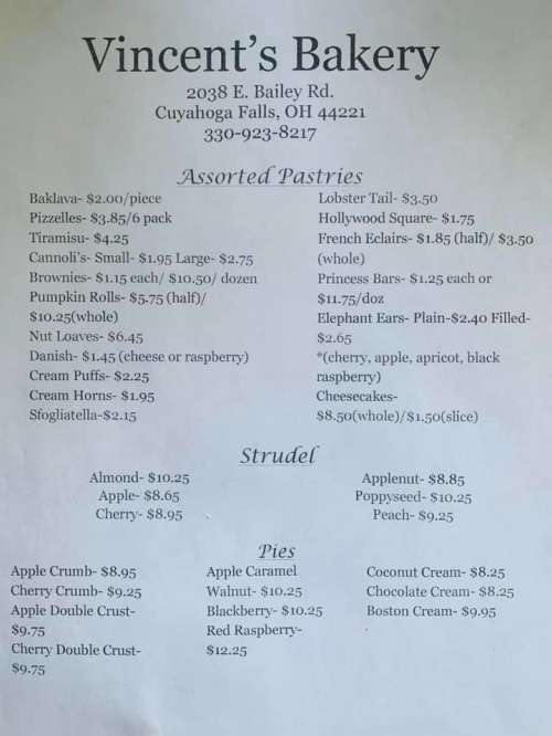 Vincent's Bakery menu in Cuyahoga Falls, Ohio, USA