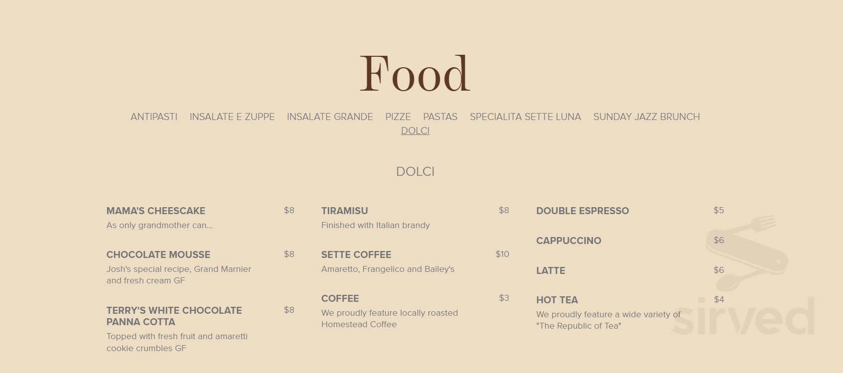 Menu for Sette Luna in Easton, PA | Sirved