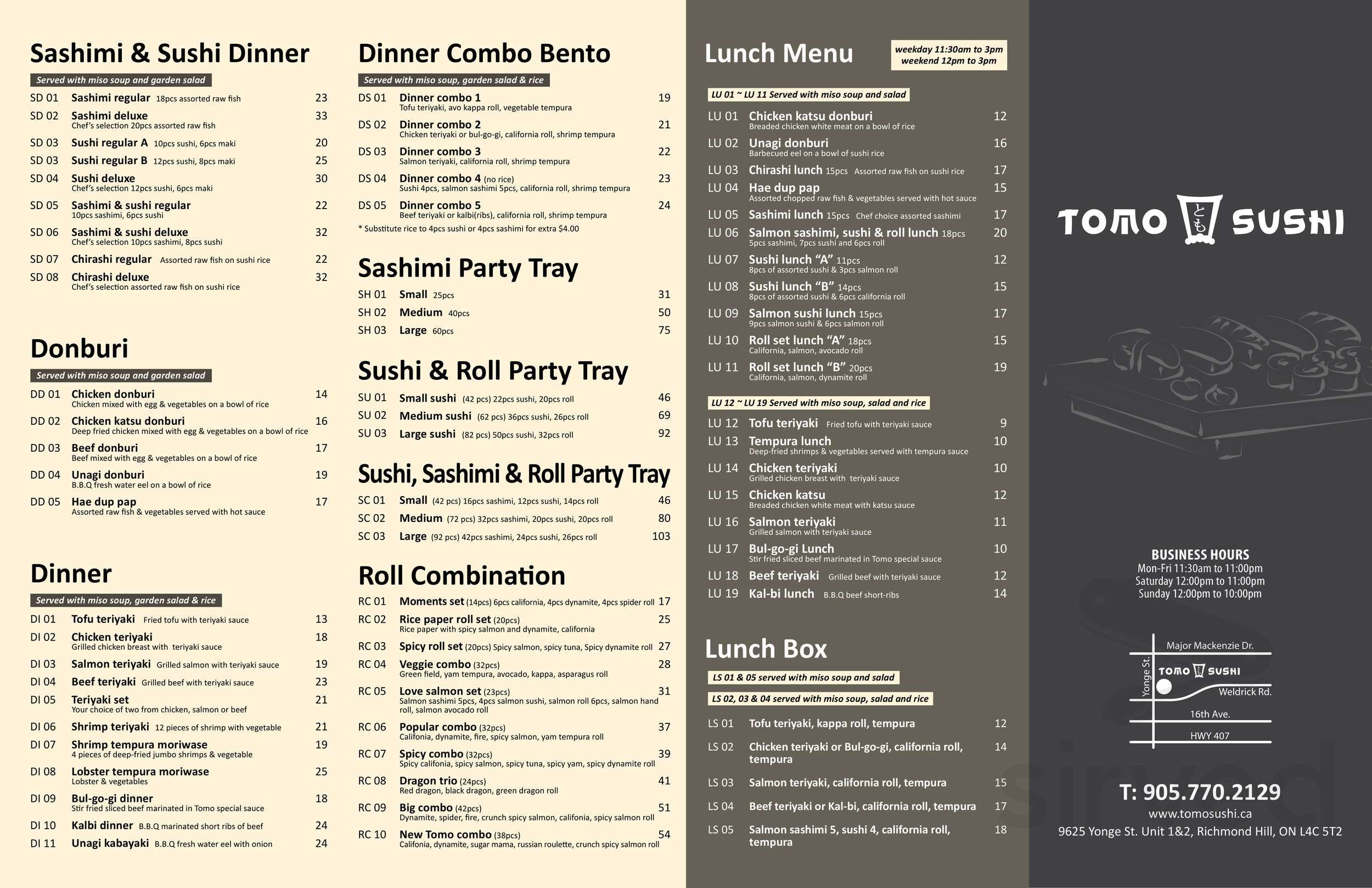 Tomo Japanese Restaurant menu in Richmond Hill, Ontario, Canada