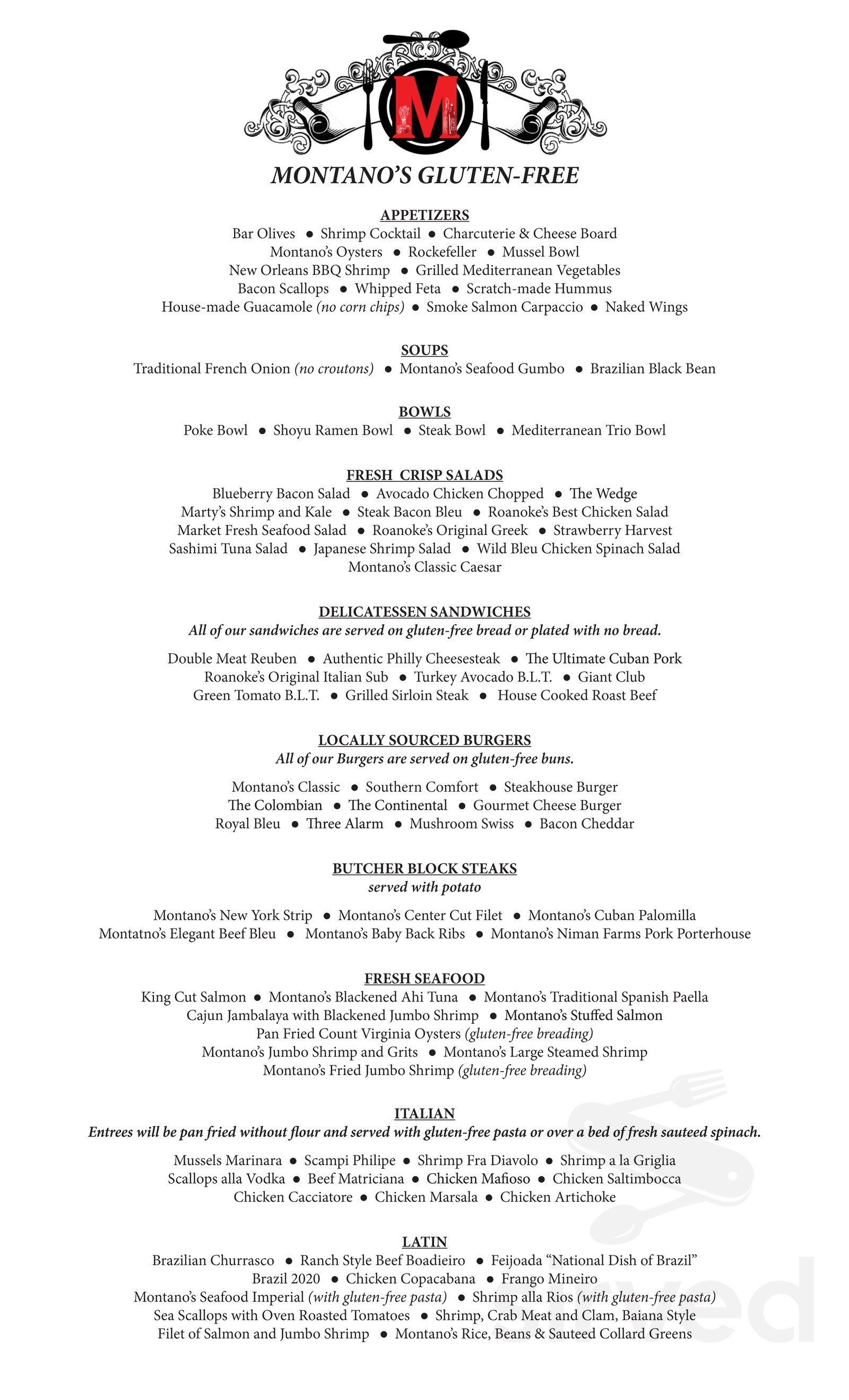 Montano's International Gourmet menu in Roanoke, Virginia, USA