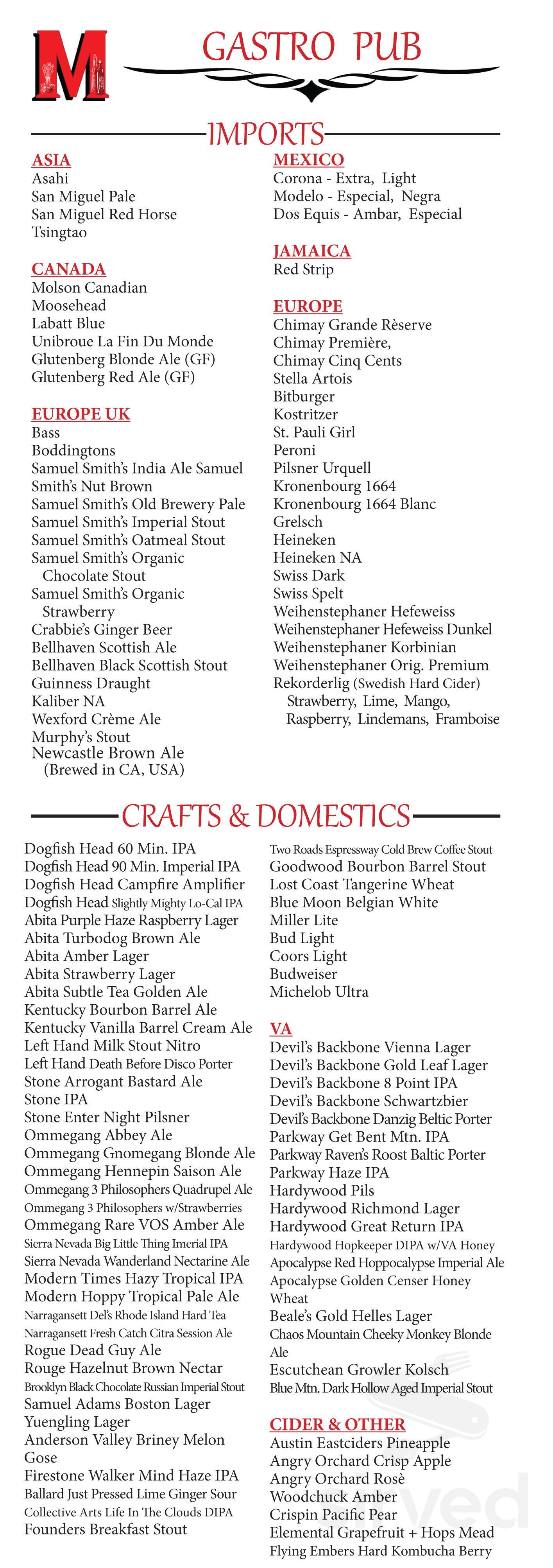 Montano's International Gourmet menu in Roanoke, Virginia, USA