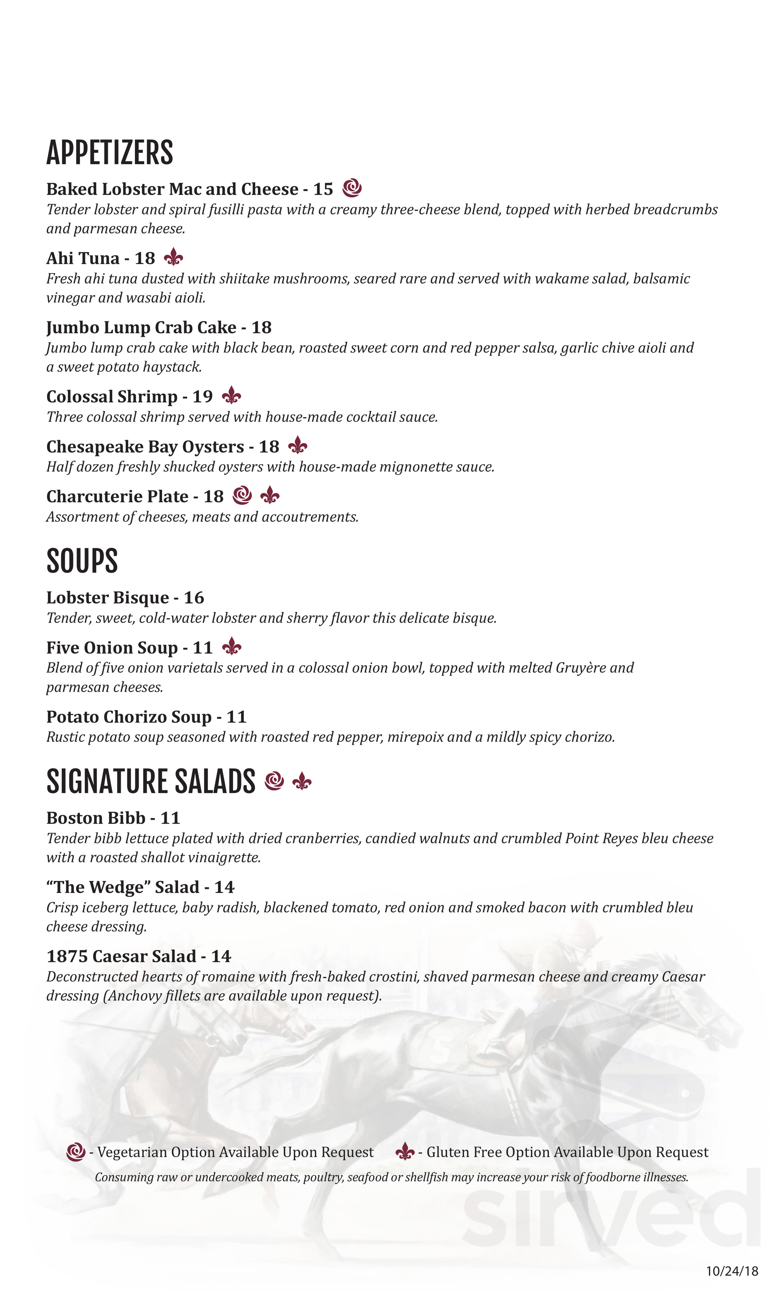 1875: The Steakhouse menu in French Lick, Indiana, USA