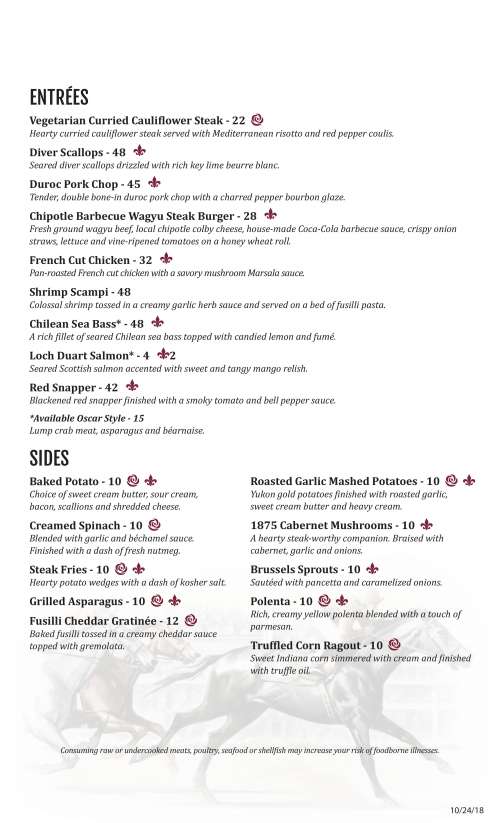 1875: The Steakhouse menu in French Lick, Indiana, USA