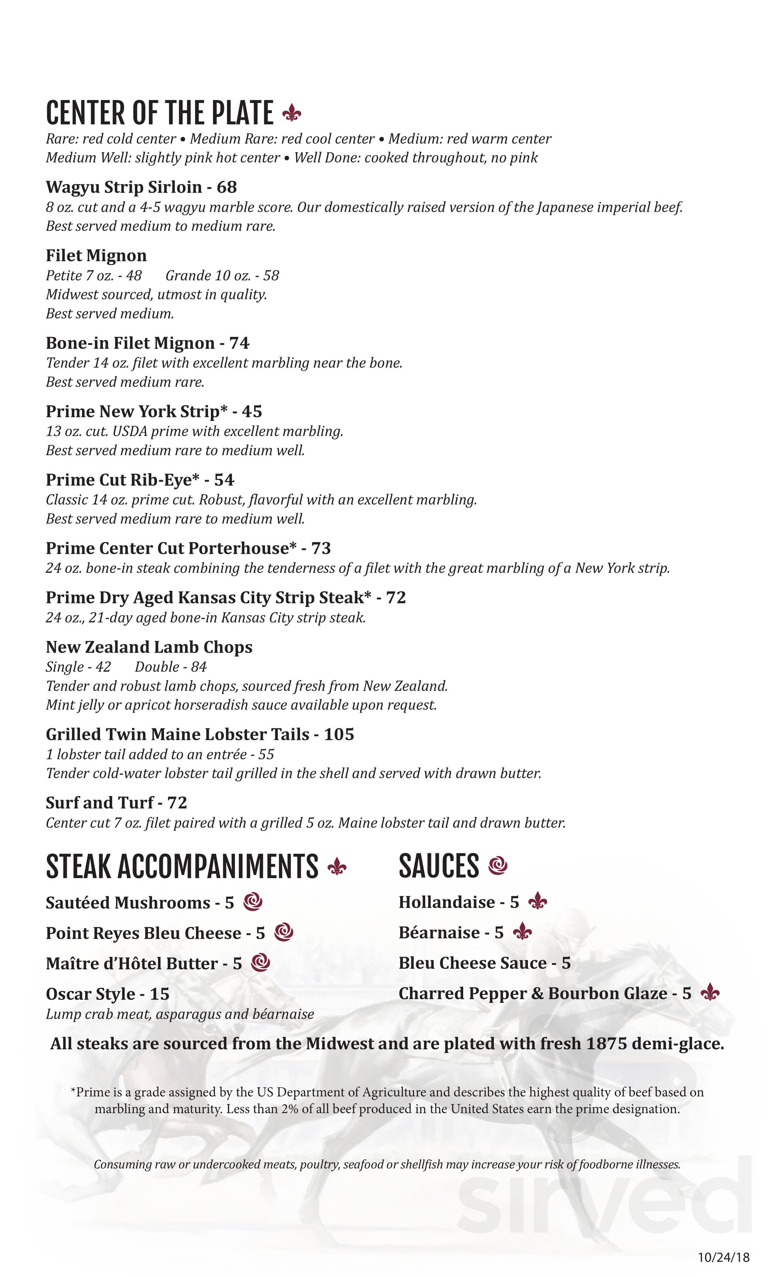 1875: The Steakhouse menu in French Lick, Indiana, USA