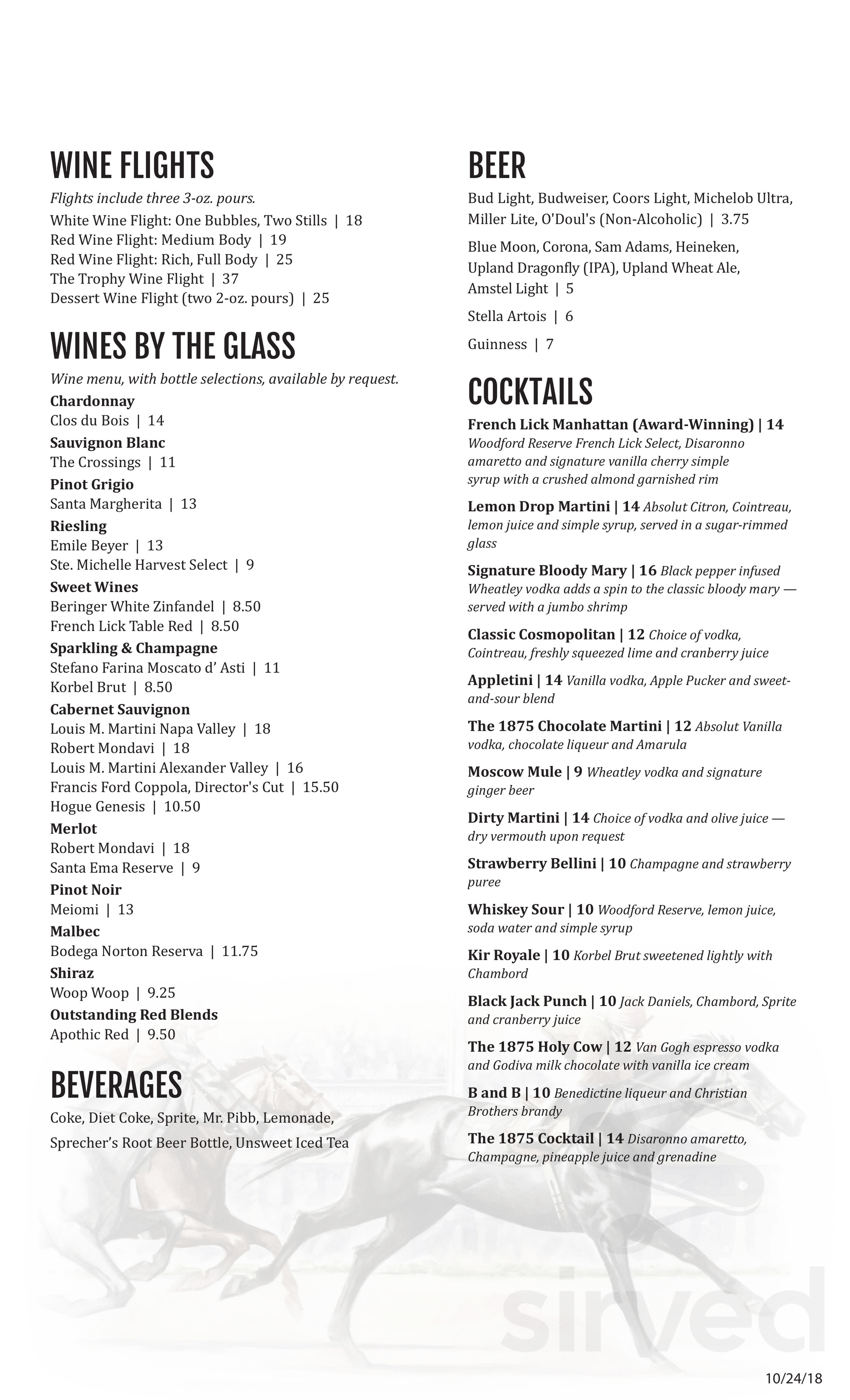 1875: The Steakhouse menu in French Lick, Indiana, USA