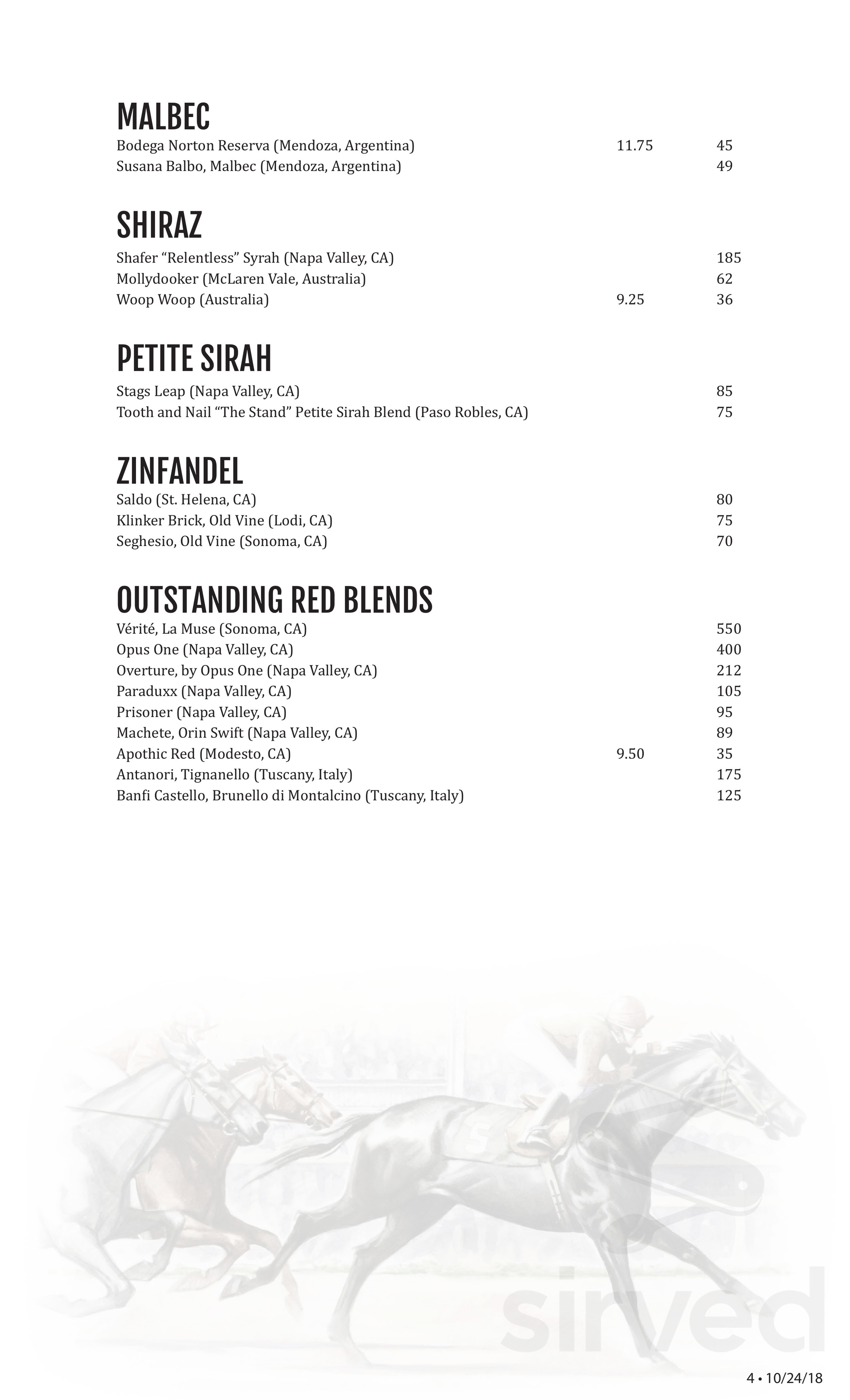 1875: The Steakhouse menu in French Lick, Indiana, USA