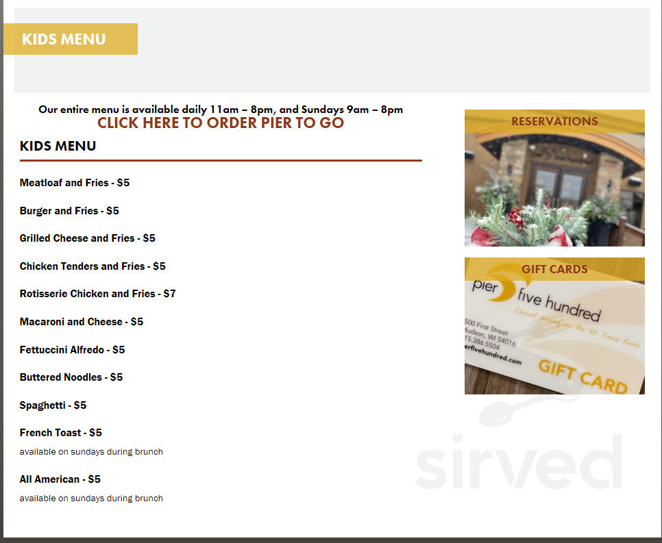Menu for Pier 500 in Hudson, WI | Sirved