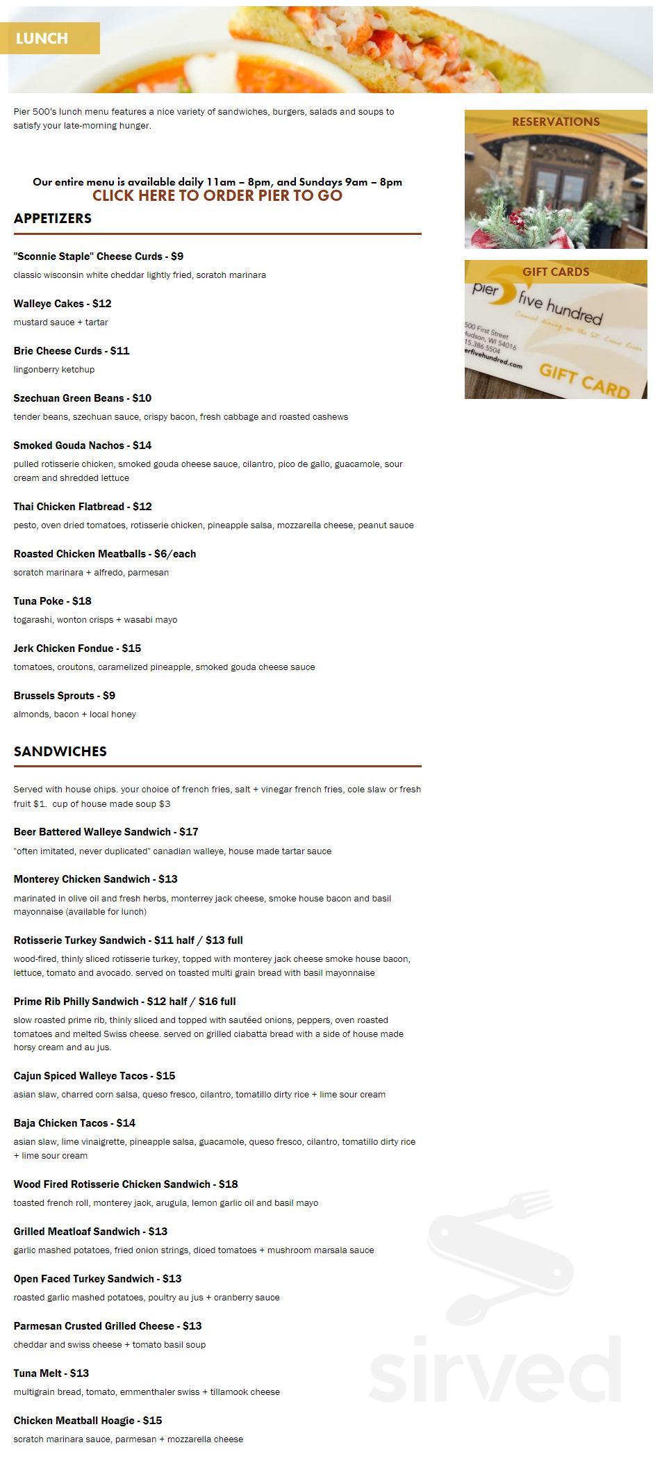 Menu for Pier 500 in Hudson, WI | Sirved