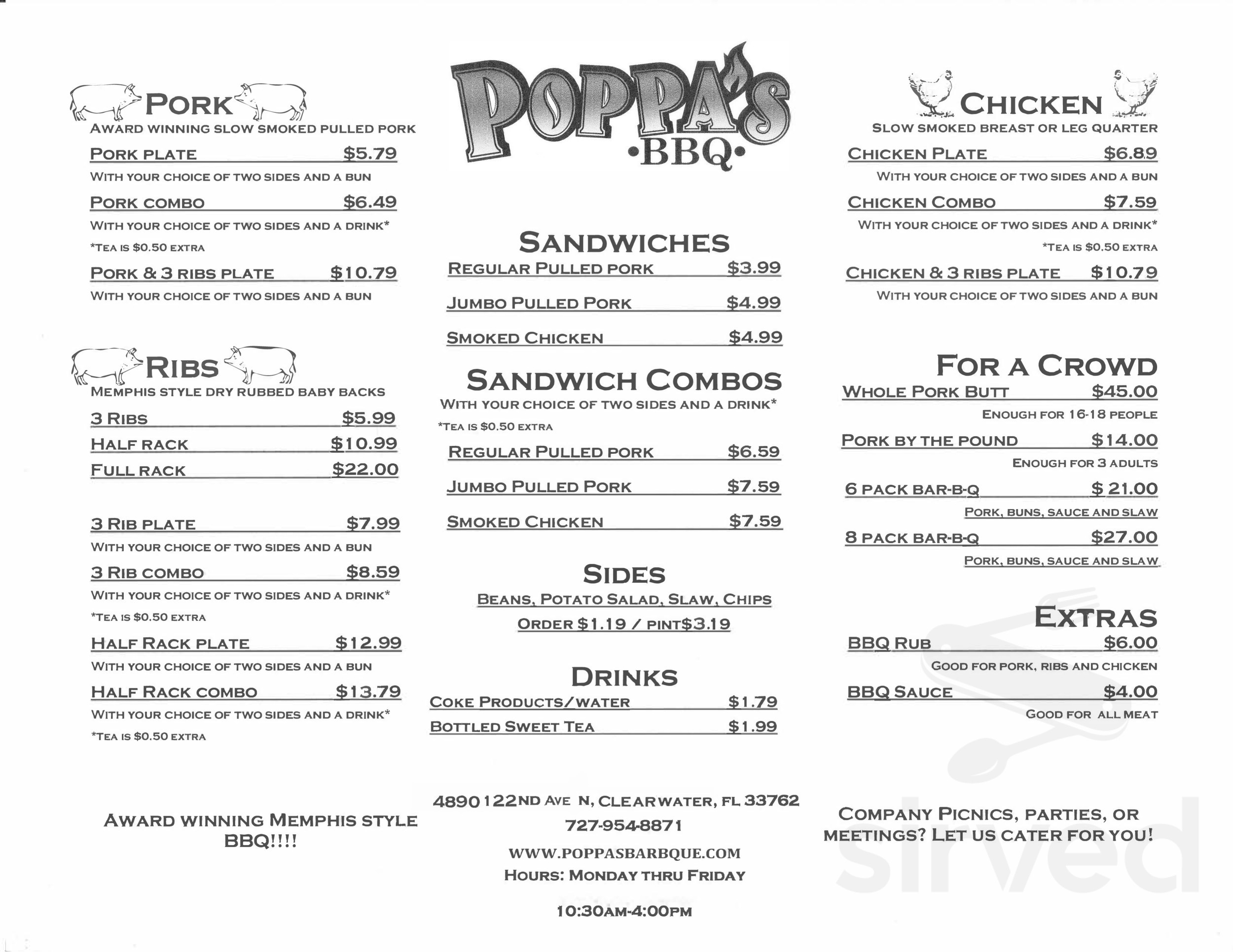 Poppa's BBQ menu in Clearwater, Florida, USA